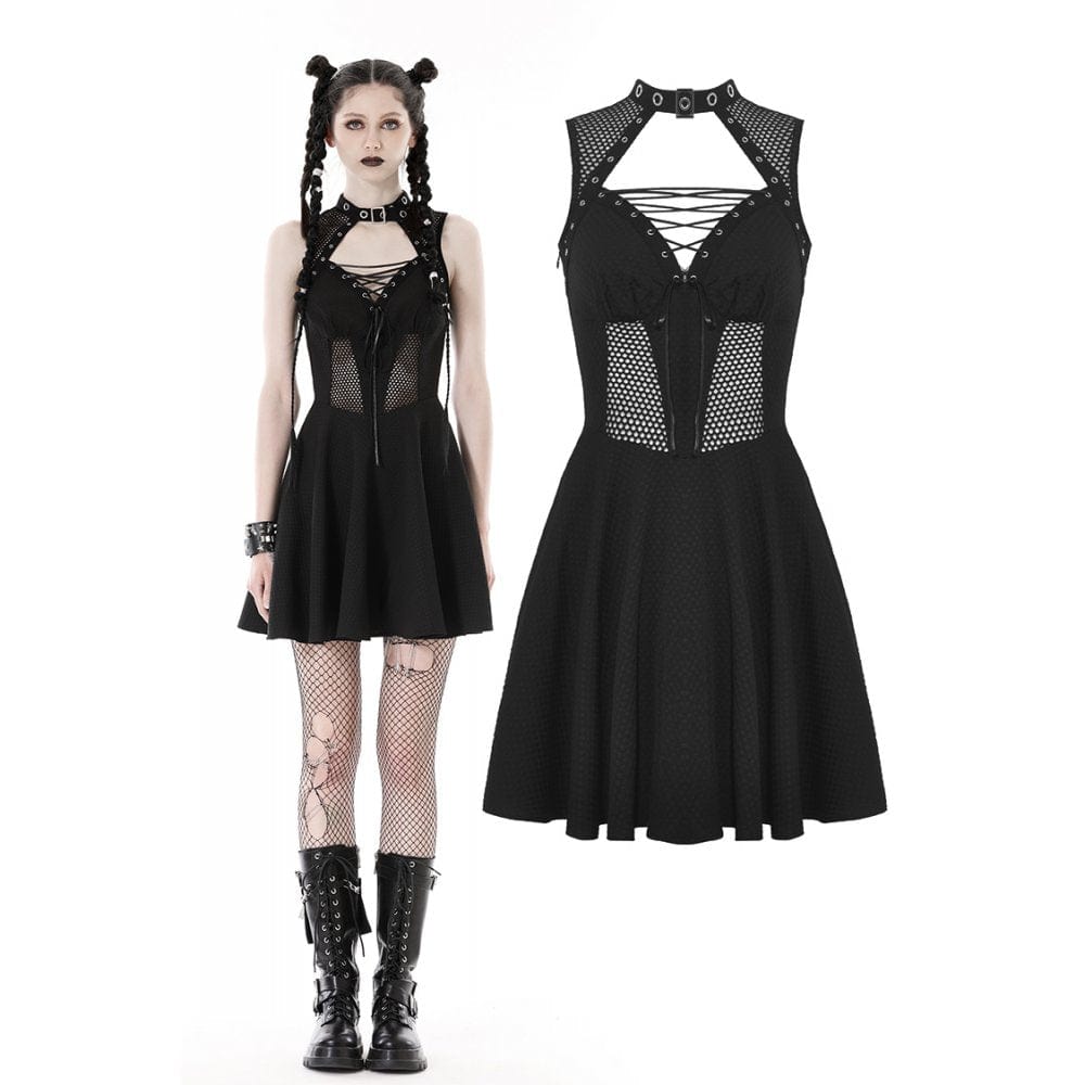 Women's Gothic Cutout Mesh Splice Buckle Dress – Punk Design