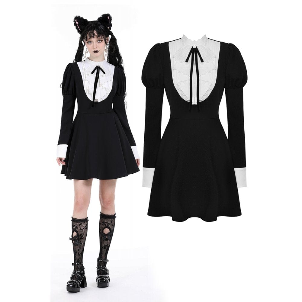 Women's Gothic Puff Sleeved Double Color Dress – Punk Design