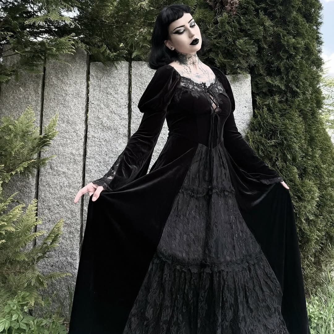 Women's Gothic Puff Sleeved Lace Splice Velvet Wedding Dress – Punk Design