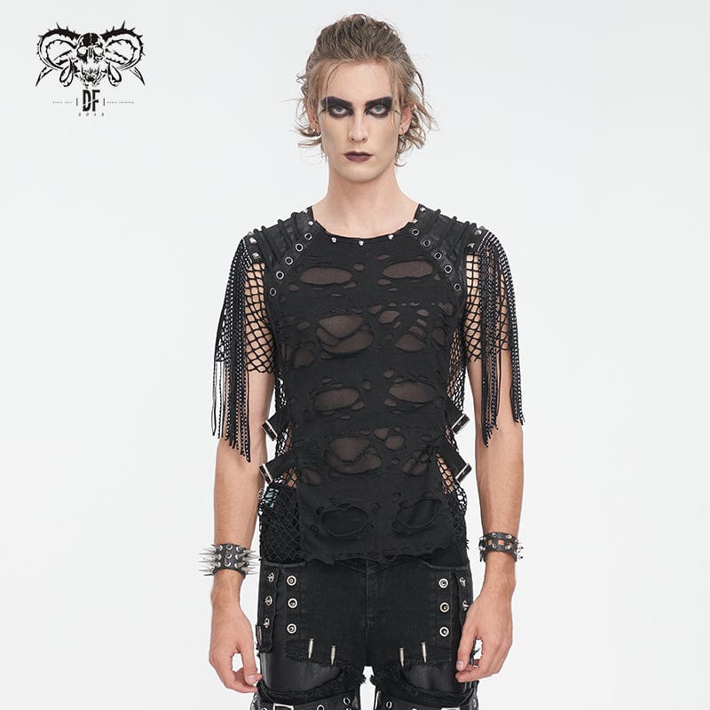 Men's Punk Ripped Tassels Mesh Splice T-shirt – Punk Design