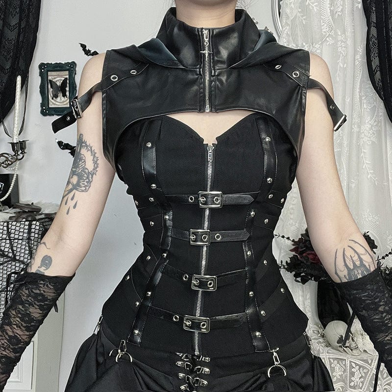 Women's Punk Buckle Faux Leather Short Cape with Hood – Punk Design