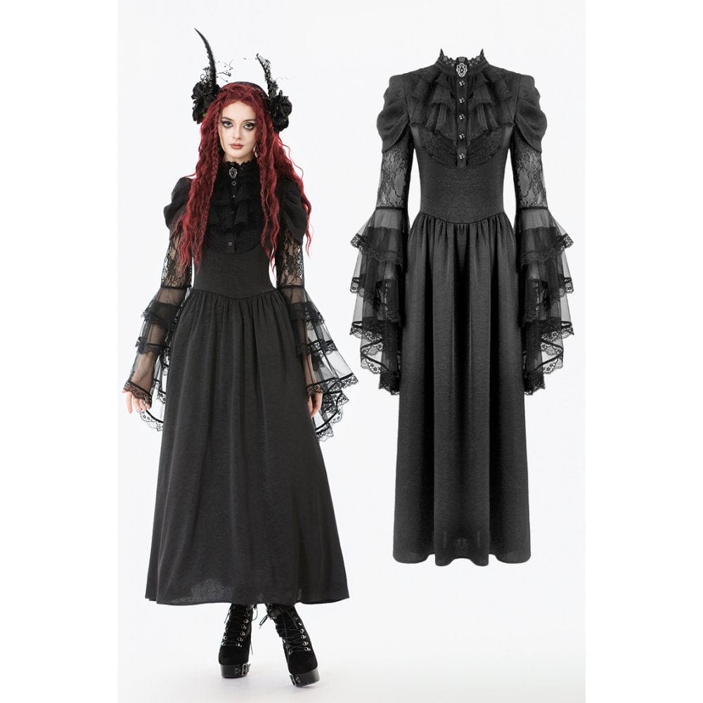 Women's Gothic Stand Collar Ruffled Mesh Flared Sleeved Dress – Punk Design