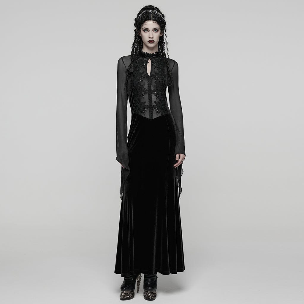 Women's Gothic Floral Embroidered Mesh Splice Maxi Dress Black – Punk ...