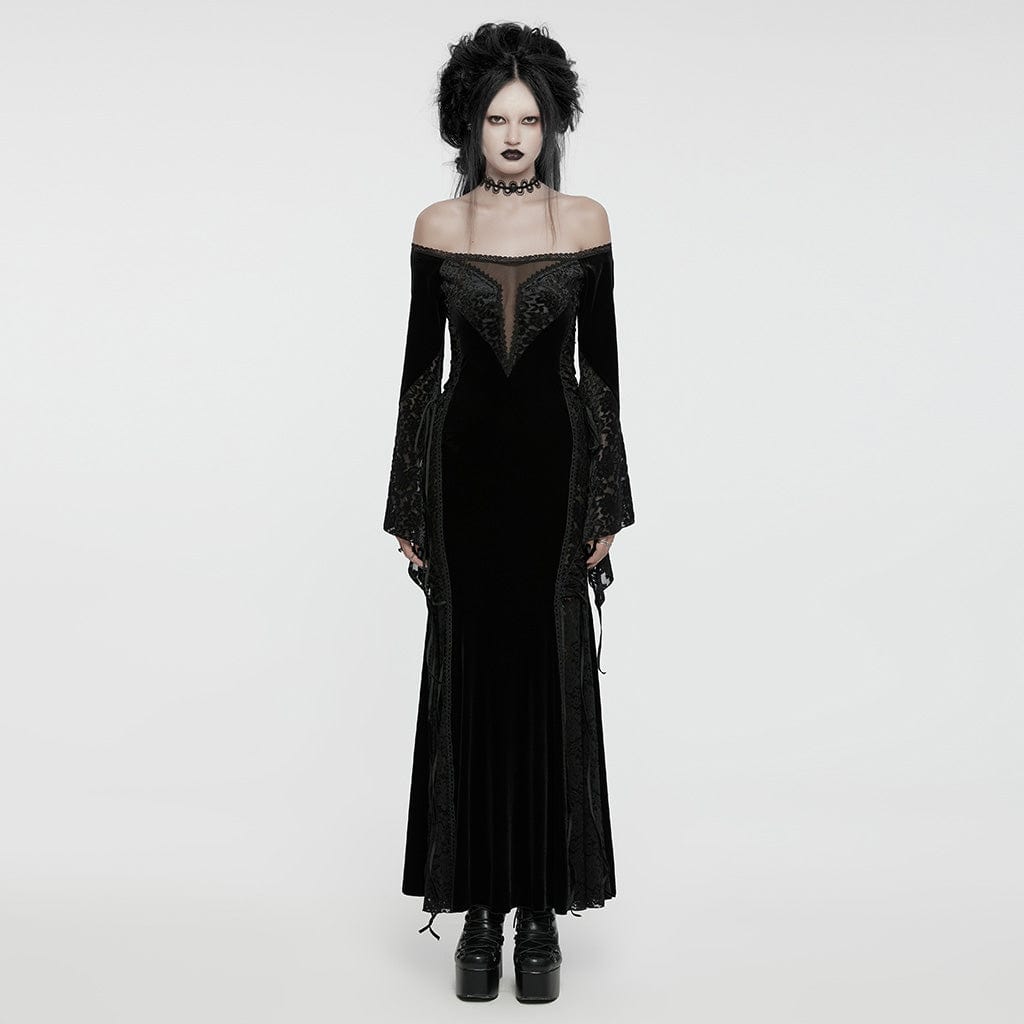 Women's Gothic Off-the-shoulder Lace Splice Velvet Gown Dress – Punk Design