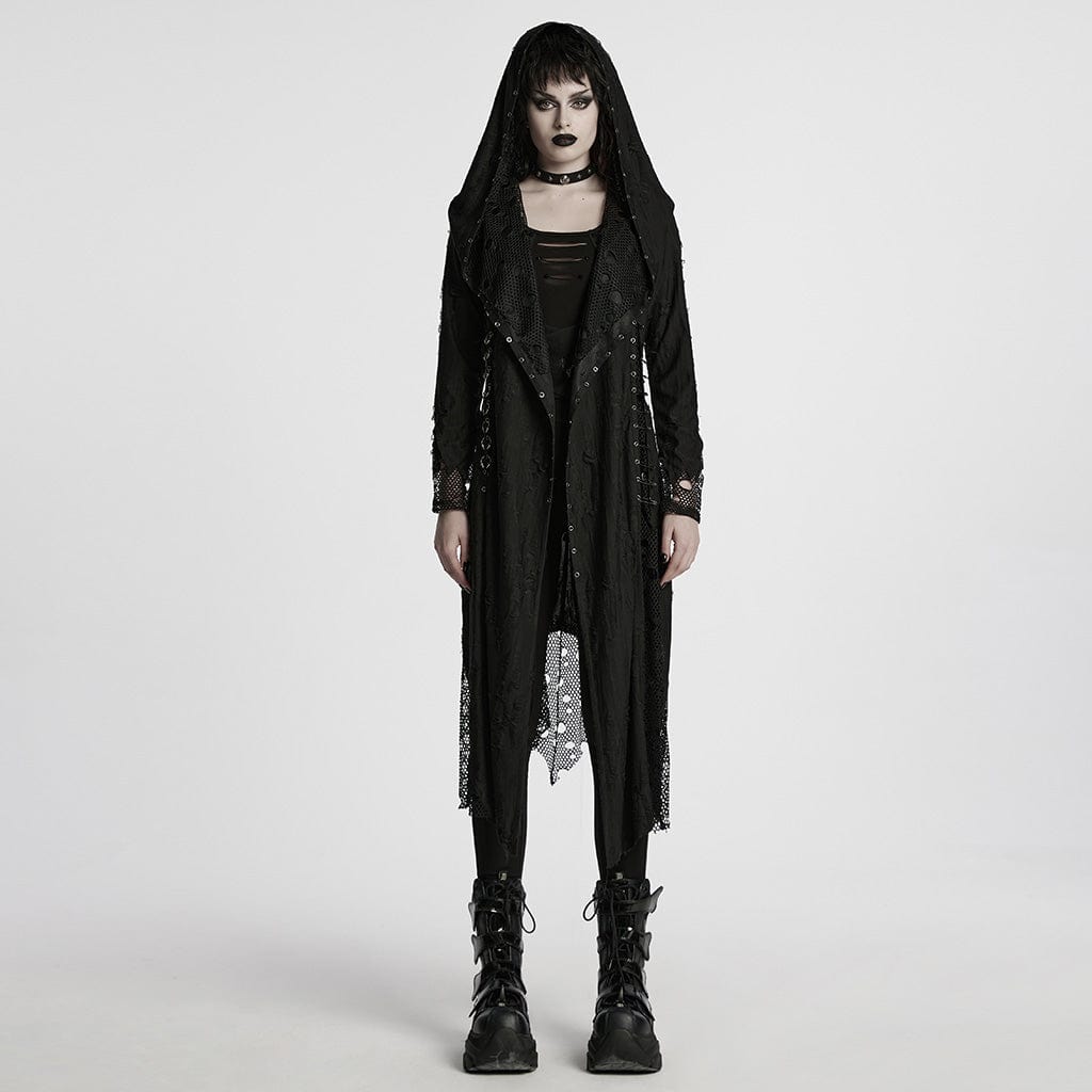 Women's Gothic Ripped Mesh Splice Coat with Hood – Punk Design