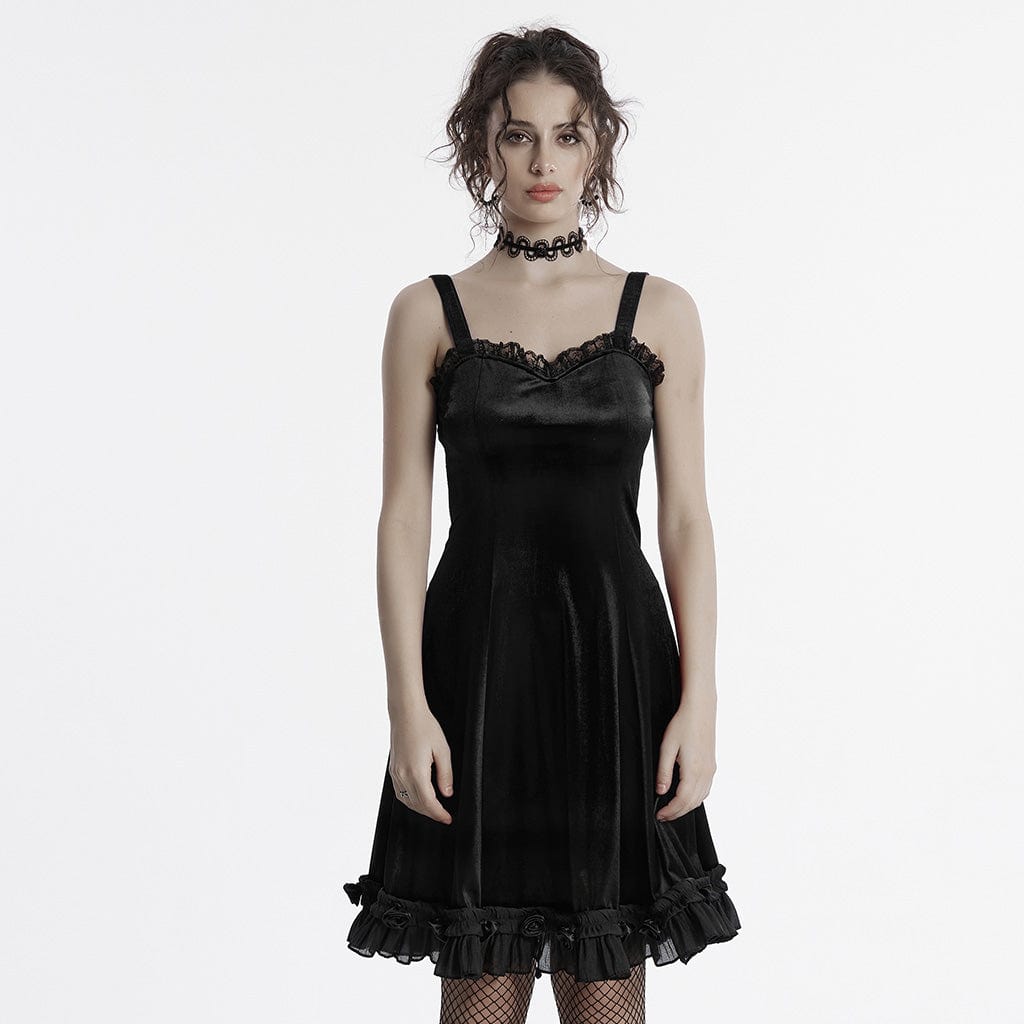 Women's Gothic Ruffled Lace Splice Gradient Velvet Slip Dress – Punk Design
