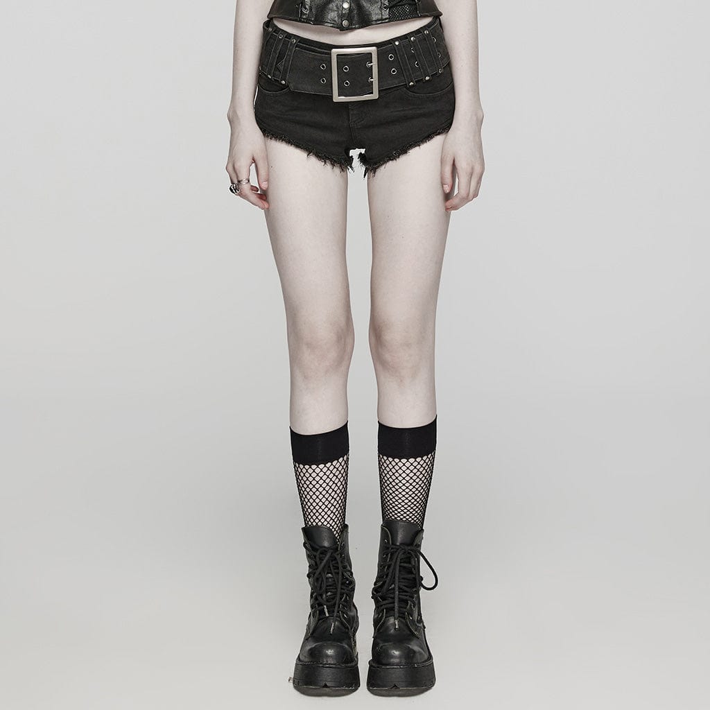 Women's Punk Buckle Eyelets Denim Shorts – Punk Design