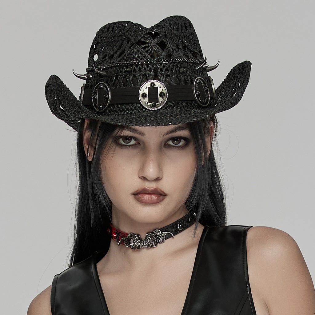 Women's Punk Cutout Studded Woven Hat Black – Punk Design
