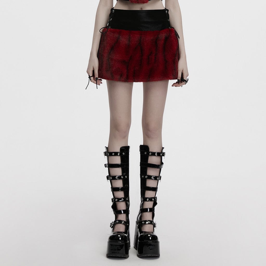 Women's Punk Lace-up Faux Fur Splice Faux Leather Skirt – Punk Design