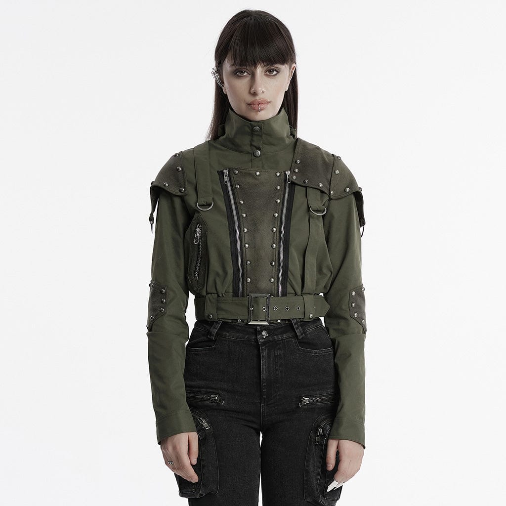 Women's Punk Military Stand Collar Faux Leather Splice Jacket – Punk Design