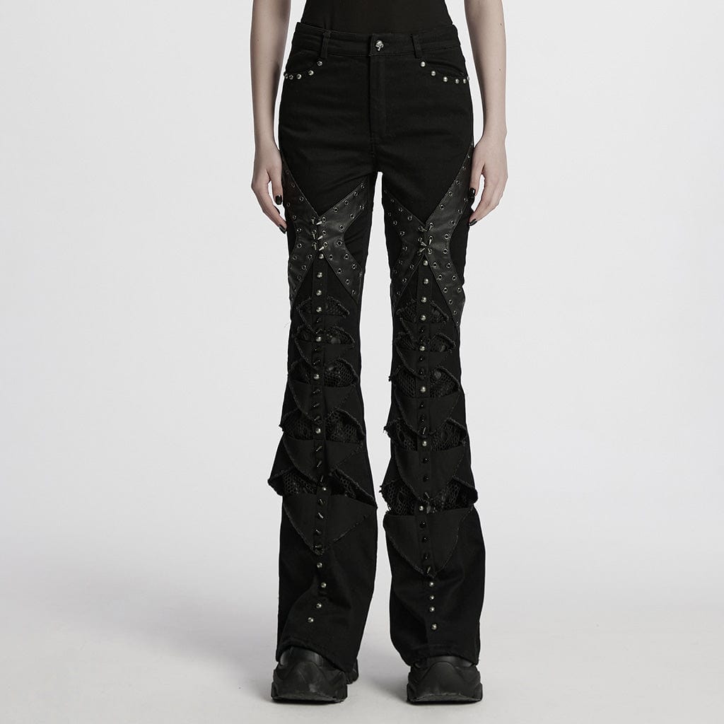 Women's Punk Ripped Mesh Splice Patch Flared Pants – Punk Design