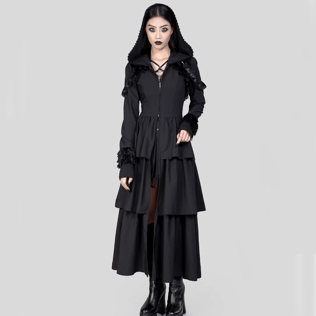 Women's Gothic Plunging Flared Sleeved Split Coat with Hood – Punk Design