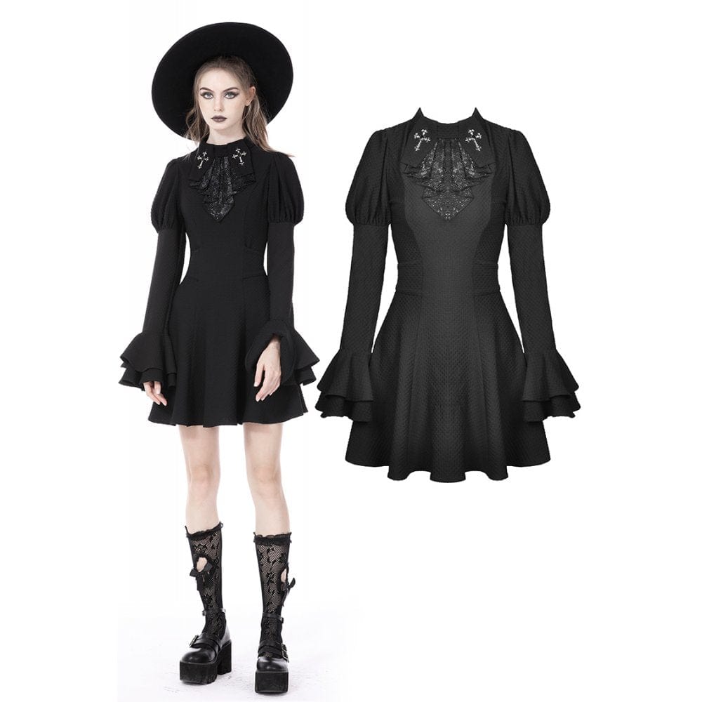 Women's Gothic Puff Sleeved Frilly Necktie Dress – Punk Design