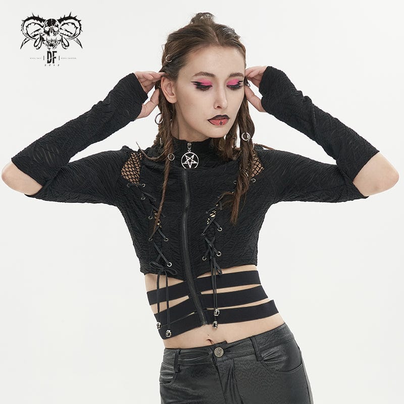 Women's Gothic Ruched Strap Splice Mesh Shirt – Punk Design