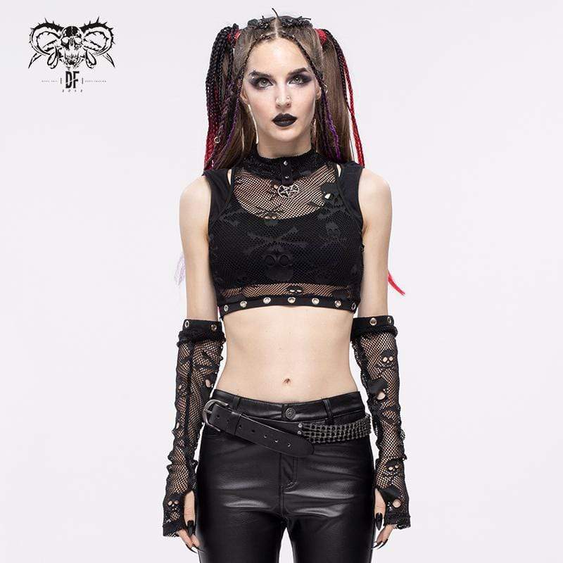 Women's Gothic Skull Printed Mesh Crop Top with Oversleeves – Punk Design
