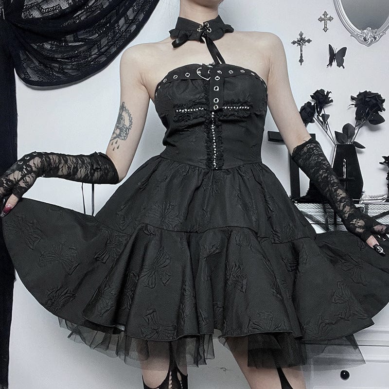 Women's Gothic Off Shoulder Ruffled Dress with Neckwear – Punk Design