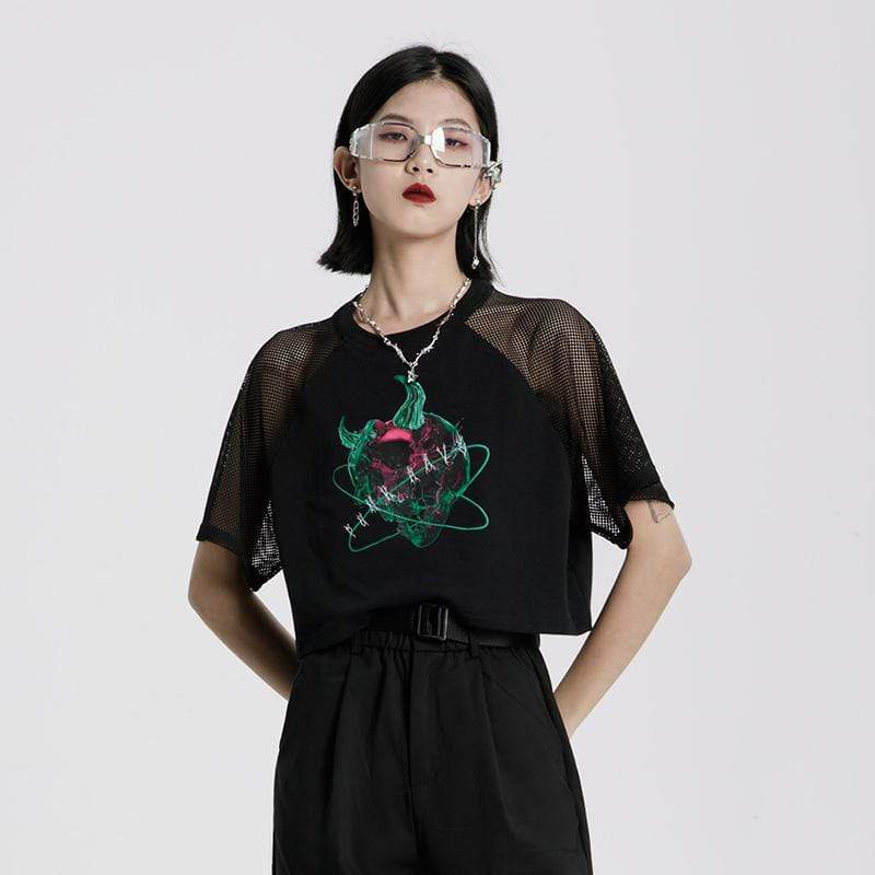 Women's Pastel Goth Skull Printed Mesh Short Sleeved Crop Tops – Punk ...