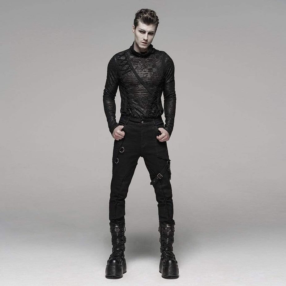 Men's Goth Ripped Straps Skinny Denim Pants With Waist Chain – Punk Design