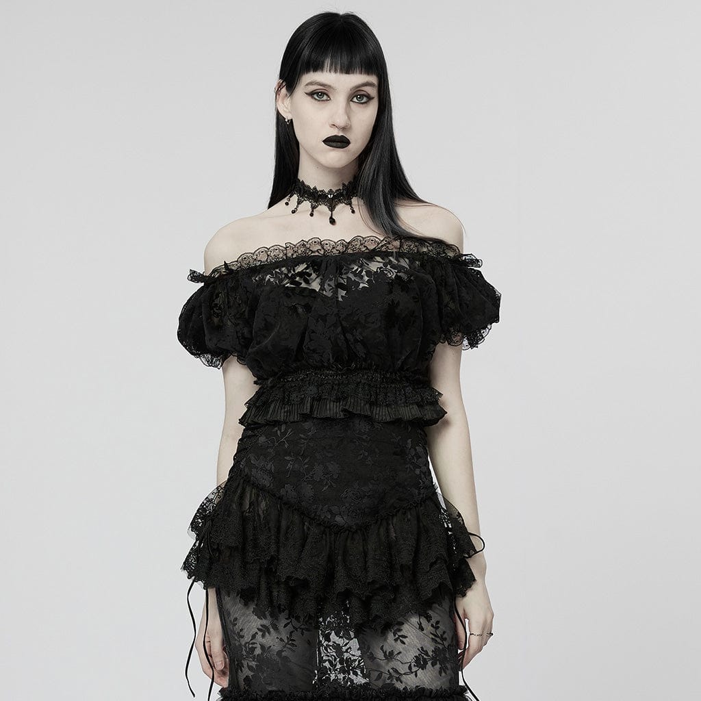 Women's Gothic Off Shoulder Ruffles Sheer Shirt – Punk Design