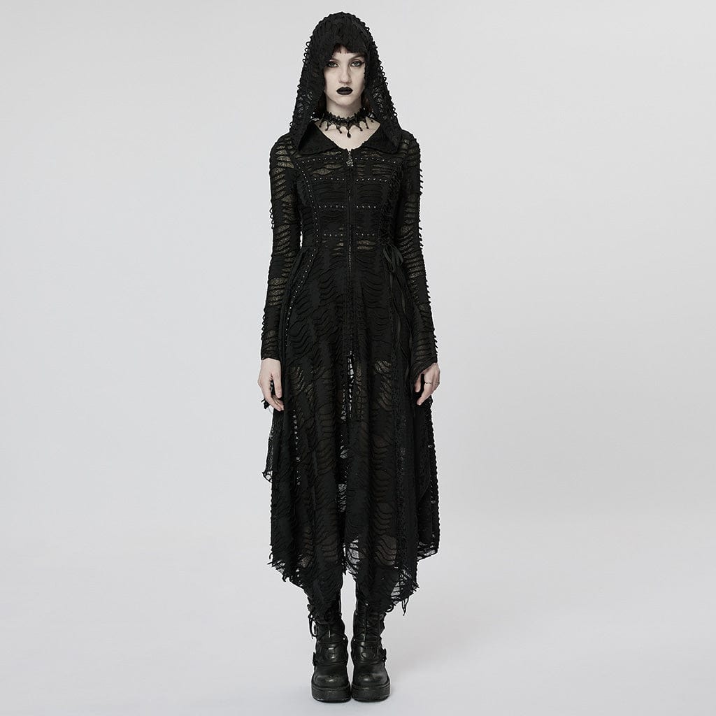 Women's Punk Irregular Ripped Long Coat with Hood – Punk Design