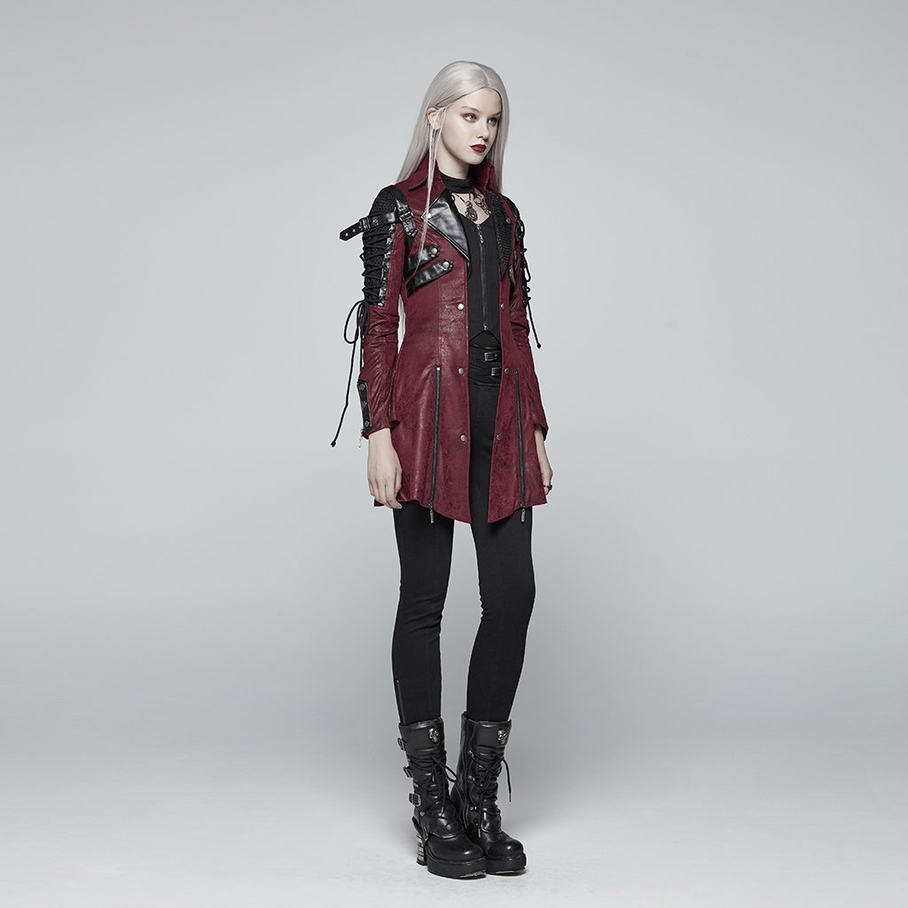 Women's Punk Studded Faux Leather Zipper Red Jacket – Punk Design
